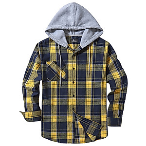 ZITY Men's Flannel Hoodie Shirts Casual Button Down Plaid Shirt Jackets for Men Long Sleeve Stylish Hooded with Pocket Yellow Dark Blue Large