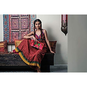 Red Pom Pom Clutch Bag with Embroidered Hmong Tribes Orchid Pattern