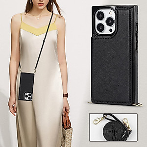 DEFBSC Compatible with iPhone 14 Pro Max Case, Crossbody Wallet Case, Adjustable Detachable Lanyard Neck Strap with Kickstand Leather Card Holder Protective Cover-Black