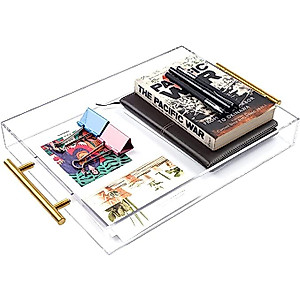 12"x16" Clear Acrylic Serving Tray with Golden Handles, Sturdy Huge Capacity Acrylic Tray for Coffee, Juice, Kitchen and Desk Organizer, Storage Tray (12"x16")