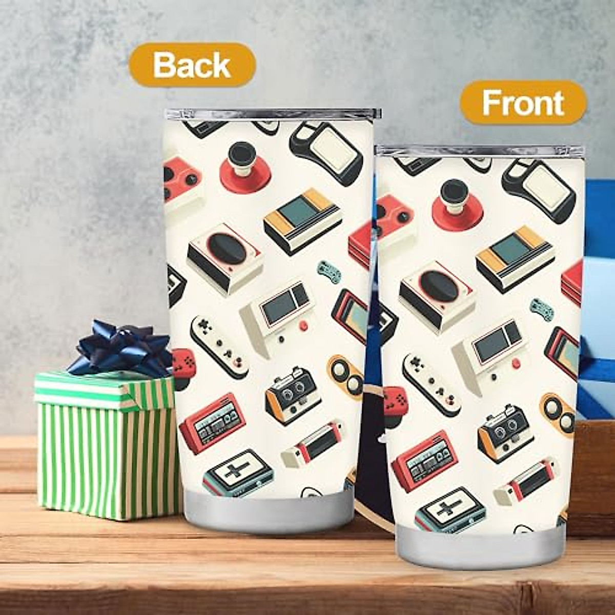 FOCIUZTA Retro Gaming Pattern Tumbler with lid, Travel Coffee Cup, Ideal for Easter, Gaming Enthusiast, Mother Day, and birthday gifts