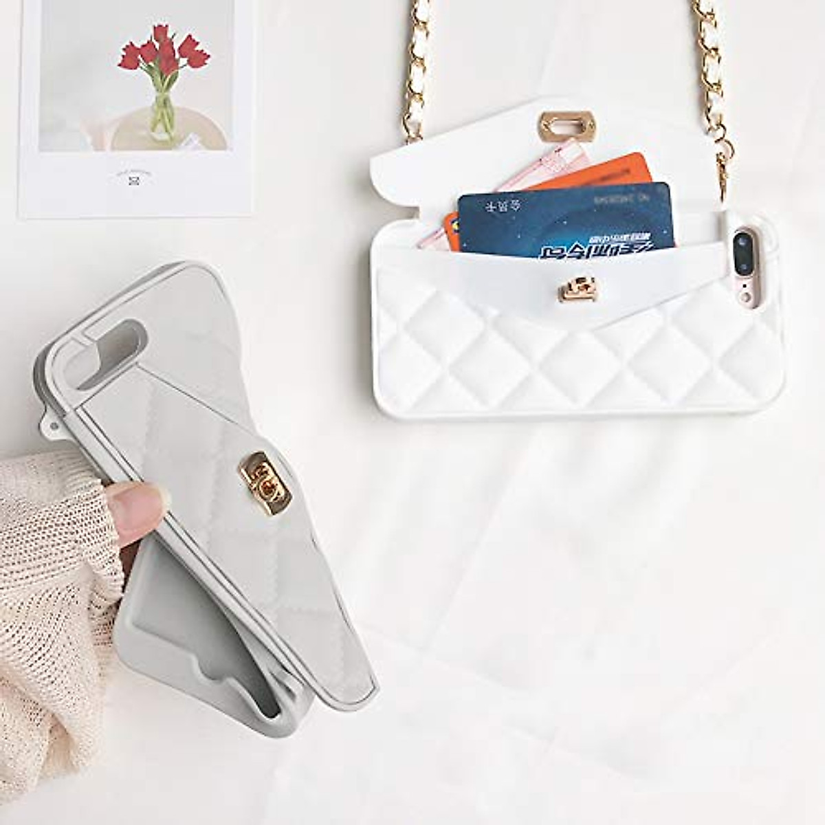 UnnFiko Wallet Case Compatible with iPhone 13 Pro Max, Cute Light Luxury Bag Design, Purse Flip Card Pouch Cover Soft Silicone Case with Handstrap Long Shoulder Strap (White, iPhone 13 Pro Max)