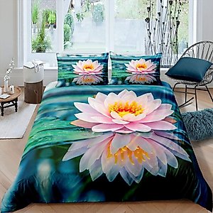 Homewish Lotus Bedding Set 3pcs for Kids Girls Green Leaf and Pink Flower Print Comforter Cover Plant Floral Duvet Cover Set Soft Polyester Quilt Cover with 2 Pillow Cases(No Comforter) Queen Size