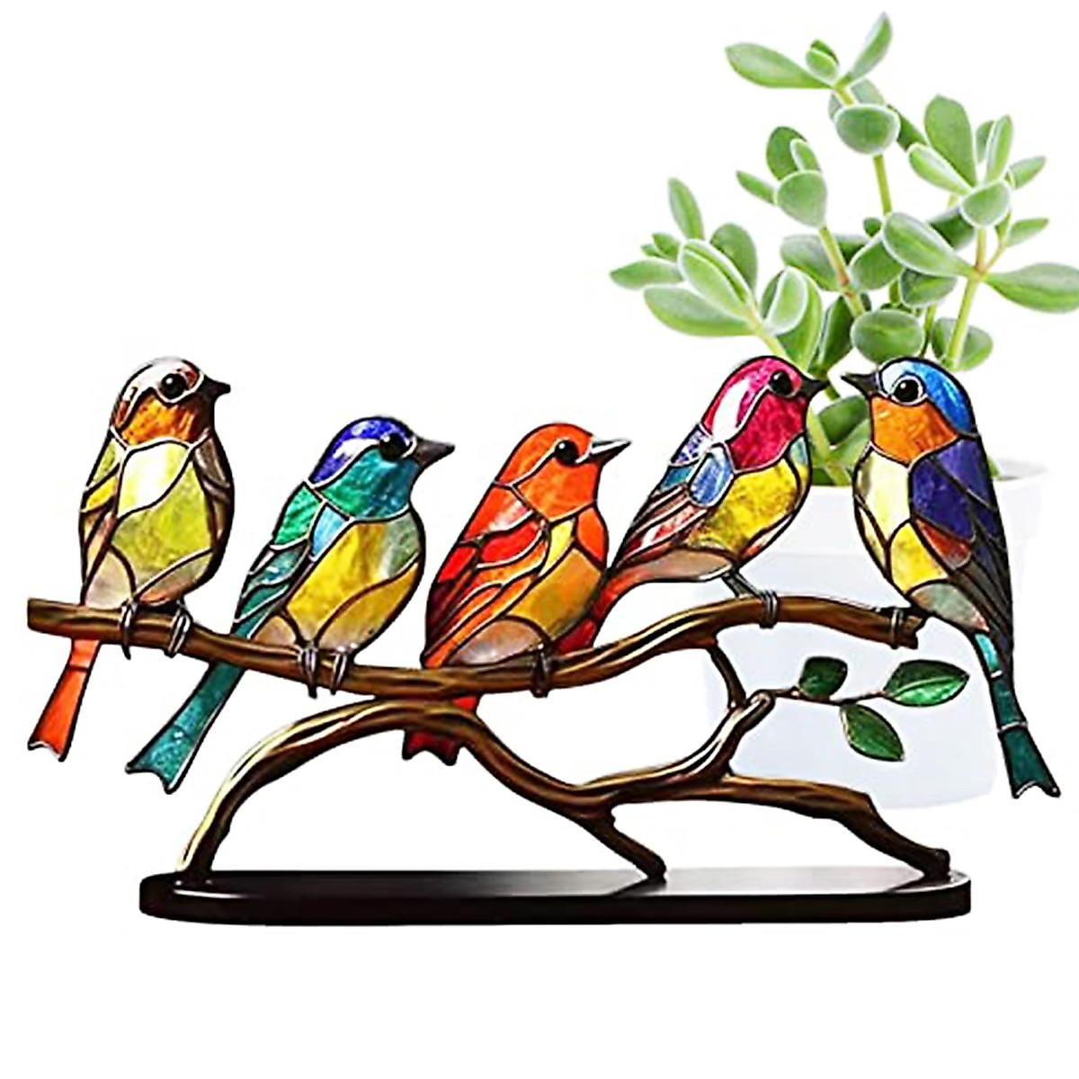 VNRGG Stained Birds On Branch Desktop Ornaments Double Sided Metal Flatness Table Art Home Room Decoration Suitable for Office Wine Cooler Decor(5 Birds on a Branch)