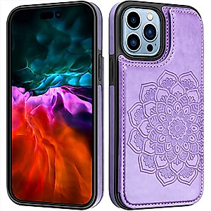 MMHUO for iPhone 14 Pro Max Case with Card Holder, Flower Magnetic Back Flip Case for iPhone 14 Pro Max Wallet Case for Women, Protective Case Phone Case for iPhone 14 Pro Max,Purple
