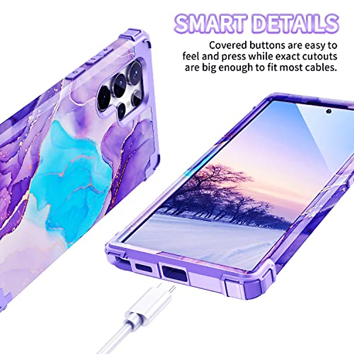 BQQFG for Galalxy S23 Ultra 5G Case,Marble Design Three Layer Heavy Duty Shockproof Hybrid Hard Plastic Bumper Soft Silicone Rubber Drop Protective Cover Case for Galaxy S23 Ultra 5G 6.8",Purple
