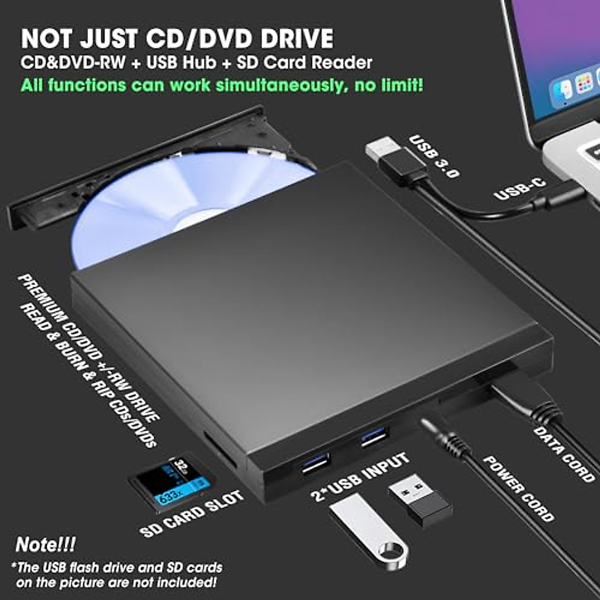 ROOFULL External CD DVD Drive USB 3.0 & USB-C CD & DVD Player Burner Portable CD/DVD +/-RW Disc Reader Writer with SD Card Slot and USB Ports for Laptop Desktop PC Windows 11/10, Apple Mac Computer