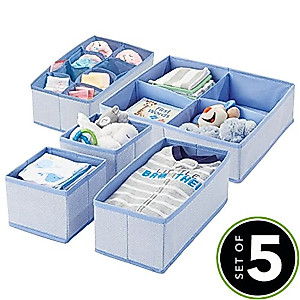 mDesign Soft Fabric Dresser Drawer/Closet Divided Storage Organizer Bins for Nursery - Holds Blankets, Bibs, Socks, Lotion, Clothes, Shoes, Toys - Set of 5 - Blue Herringbone