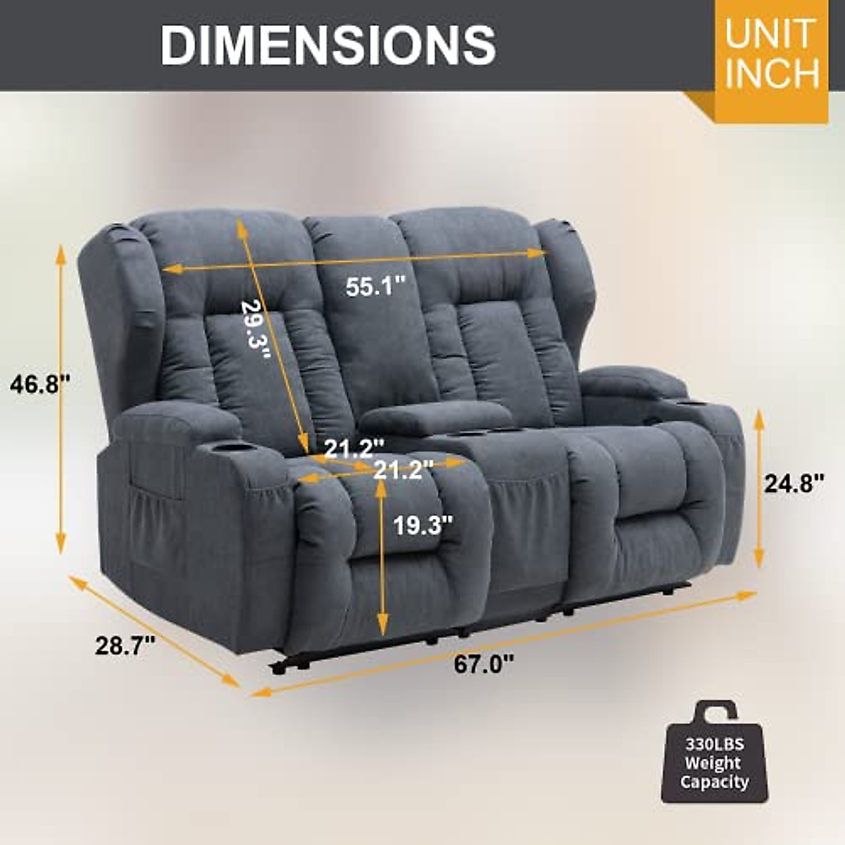 URRED Manual Recliner loveseat Chair with Console for Living Room Modern Manual-Pull Recliner Sofa Home Theater Lounge with Cup Holder,Storage for Home Theater Office (Blue-Grey Loveseat)