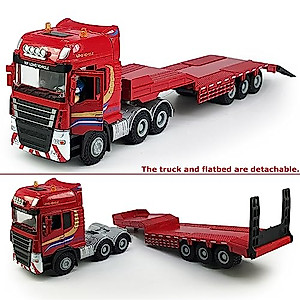 Flatbed Truck Toy with Excavator Loader Tractor Bulldozer Semi Tow Truck Transport Trailer Metal Diecast Construction Vehicles 2 in 1 Vehicle Playset Friction Powered Toy Trucks for Boys Kids Gift red