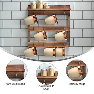 EMMA + OLIVER Maxwell Wall Mounted Wooden Mug Rack - Rustic Brown Finish - 12 Metal Mug Hooks - Inlaid Hanging Hardware - Includes Screws and Wall Anchors