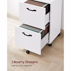 VASAGLE 2-Drawer File Cabinet, Filing Cabinet for Home Office, Small Rolling File Cabinet, Printer Stand, for A4, Letter-Size Files, Hanging File Folders, Modern Style, White UOFC040W46