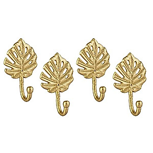 MyGift Vintage Gold Leaf Design Wall Hanging Hooks, Metal Monstera Leaves Wall Mounted Entryway Storage Coat Hooks, Set of 4 - Handcrafted in India