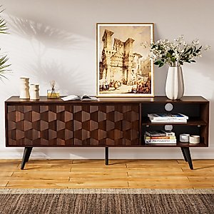 Bme Georgina 65 Inch Solid Wood TV Stand, Under 10 Minutes Assembly Entertainment Center with Storage, Geometric Pattern TV Console for Living Room, Bedroom, Dinning Room - Walnut