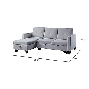 GLANZEND Velvet Convertible Sleeper, L-Shape 3 Seater Reversible Sectional Couch with Storage Chaise, Pull-Out Sofa Bed for Living Room, Small Apartment, Dorm, Light Gray, 60 Inch