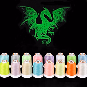 New brothread 16 Colors Luminary Glow in The Dark Embroidery Machine Thread Kit 30WT 500M(550Y) Each Spool for Embroidery, Quilting, Sewing