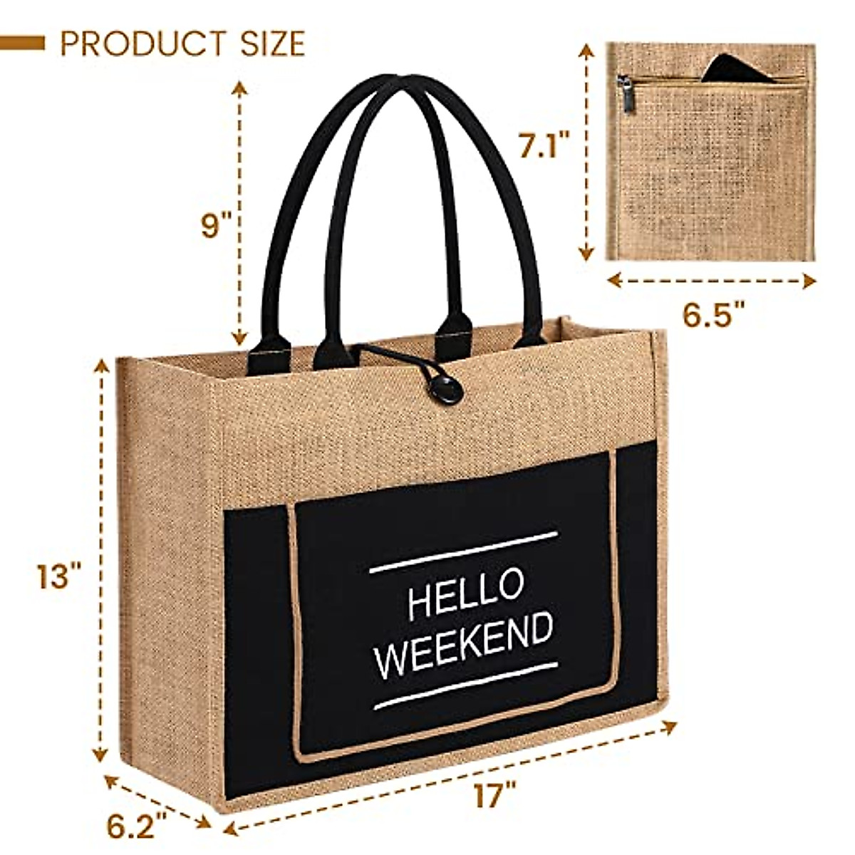 Trifabricy Beach Bag for Women - Large Jute Straw Beach Tote Bag, Hello Weekend Embroidery Canvas Tote Bag, Weaving Swim Gym Shopping Travel Bag, Black