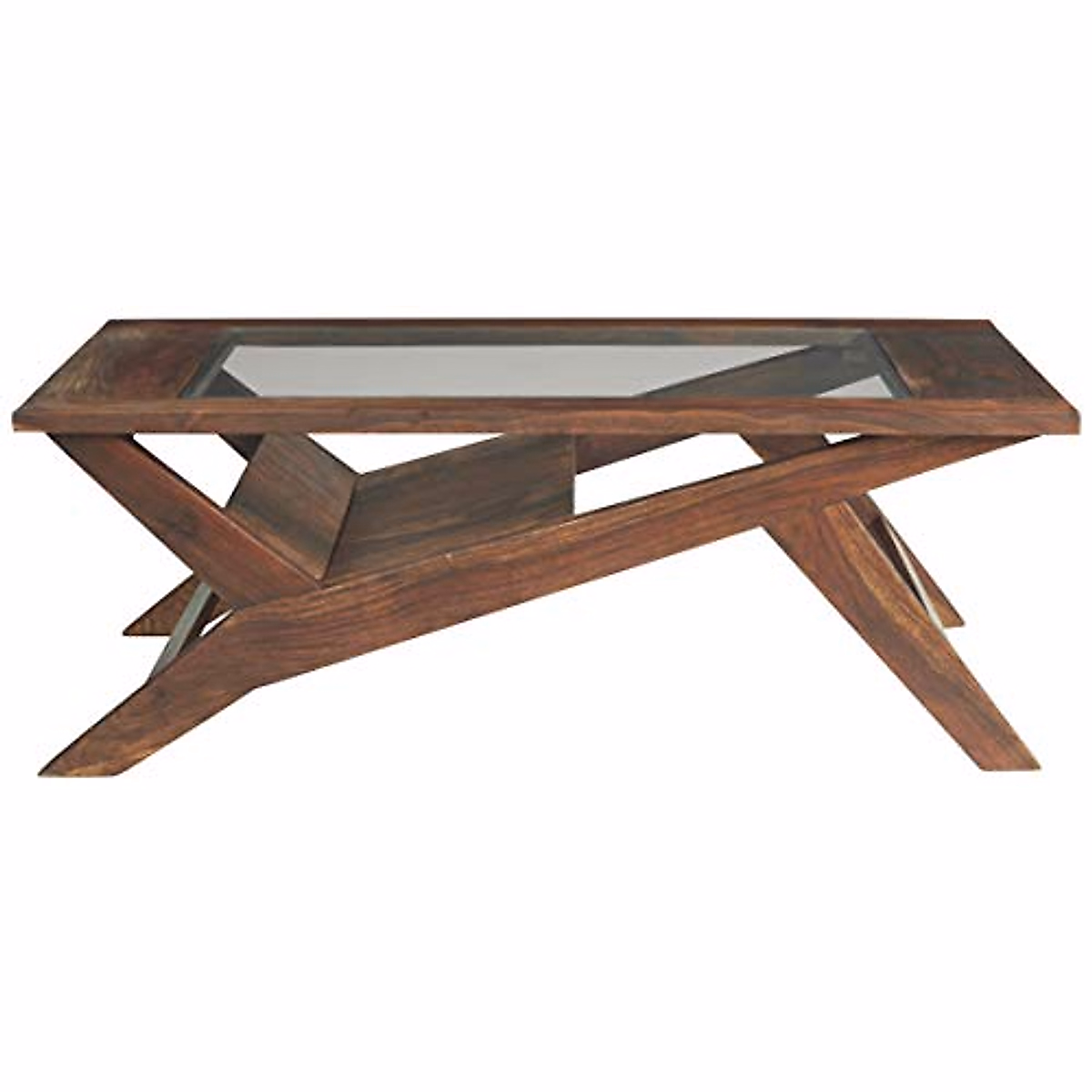 Signature Design by Ashley Charzine Contemporary Rectangular Coffee Table with Clear Tempered Glass Top, Brown
