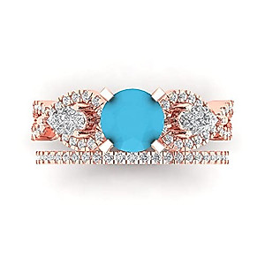 2.1 ct Round Pear Cut Custom Engraving 3 stone With Turquoise Designer Statement Classic Ring Band Set 18K Rose Gold Size 4