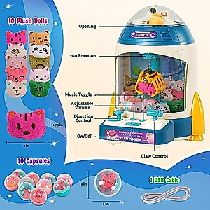Bambibo Mini Claw Machine for Kids - Pre Assembled Blue Rocket Shaped, Vending | Indoor Toys Arcade Machines Home Game with Music Age 3-8, Pink