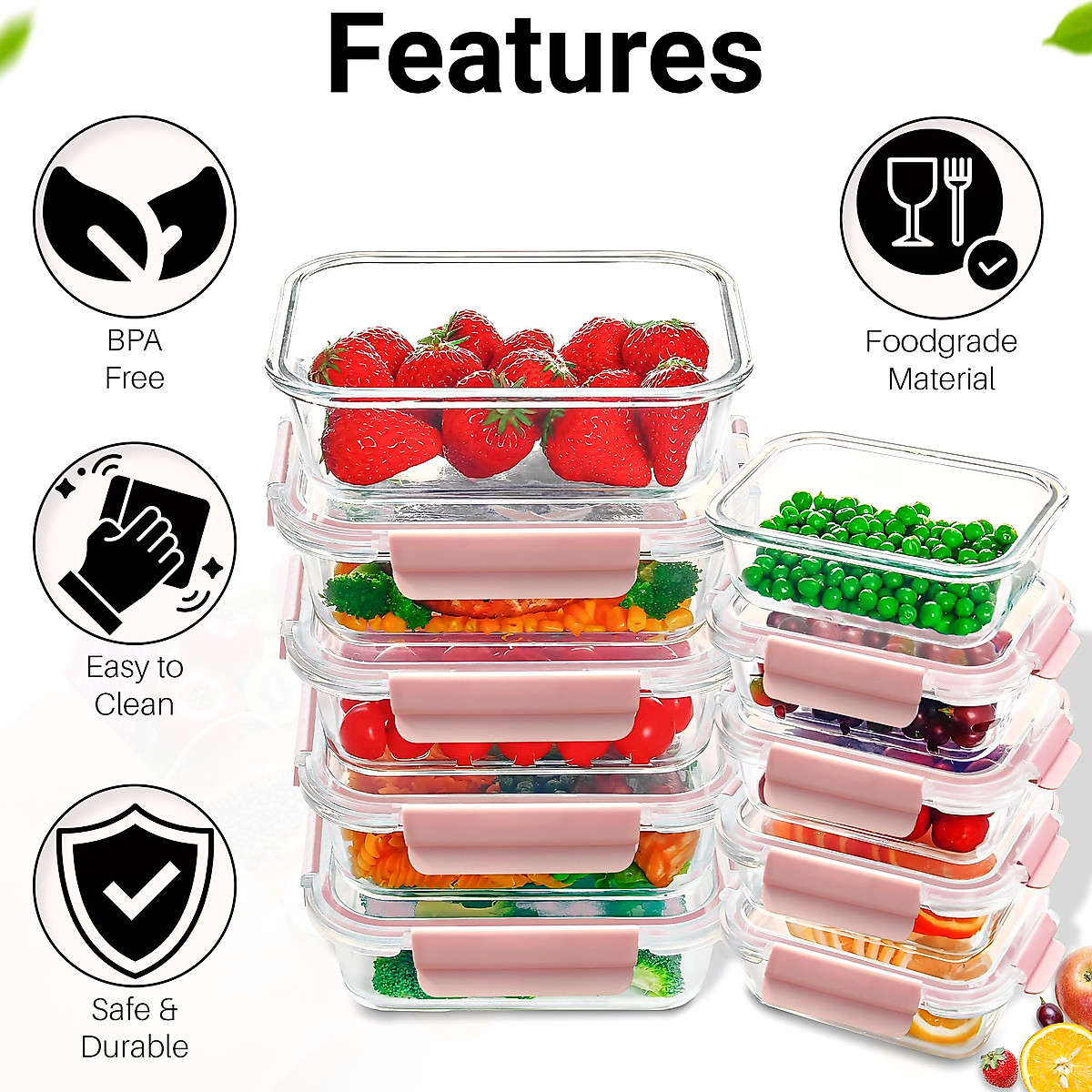 Glass Food Storage Containers 10 Packs - Eco Friendly Borosilicate Glass with BPA Free Locking Lids, Microwave Safe Prep Contaniers Set for Meal | Leakproof & Airtight Lunch Box for Kitchen (Pink)