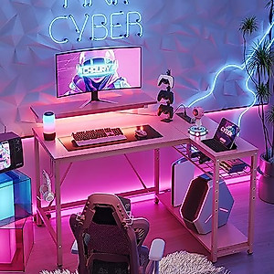 Bestier Gaming Desk with Power Outlets,42 LED Small Corner Computer Desk with Reversible Storage Shelves,L Shaped Desk with Hooks Workstation Desk for Office and Bedroom,Pink Carbon Fiber