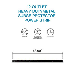 KMC 12 Outlet Heavy Duty Workshop Metal Power Strip with 3-Foot Long Extension Cord with Circuit Breaker, for Workshop and Industrial use, ETL Certified,Black