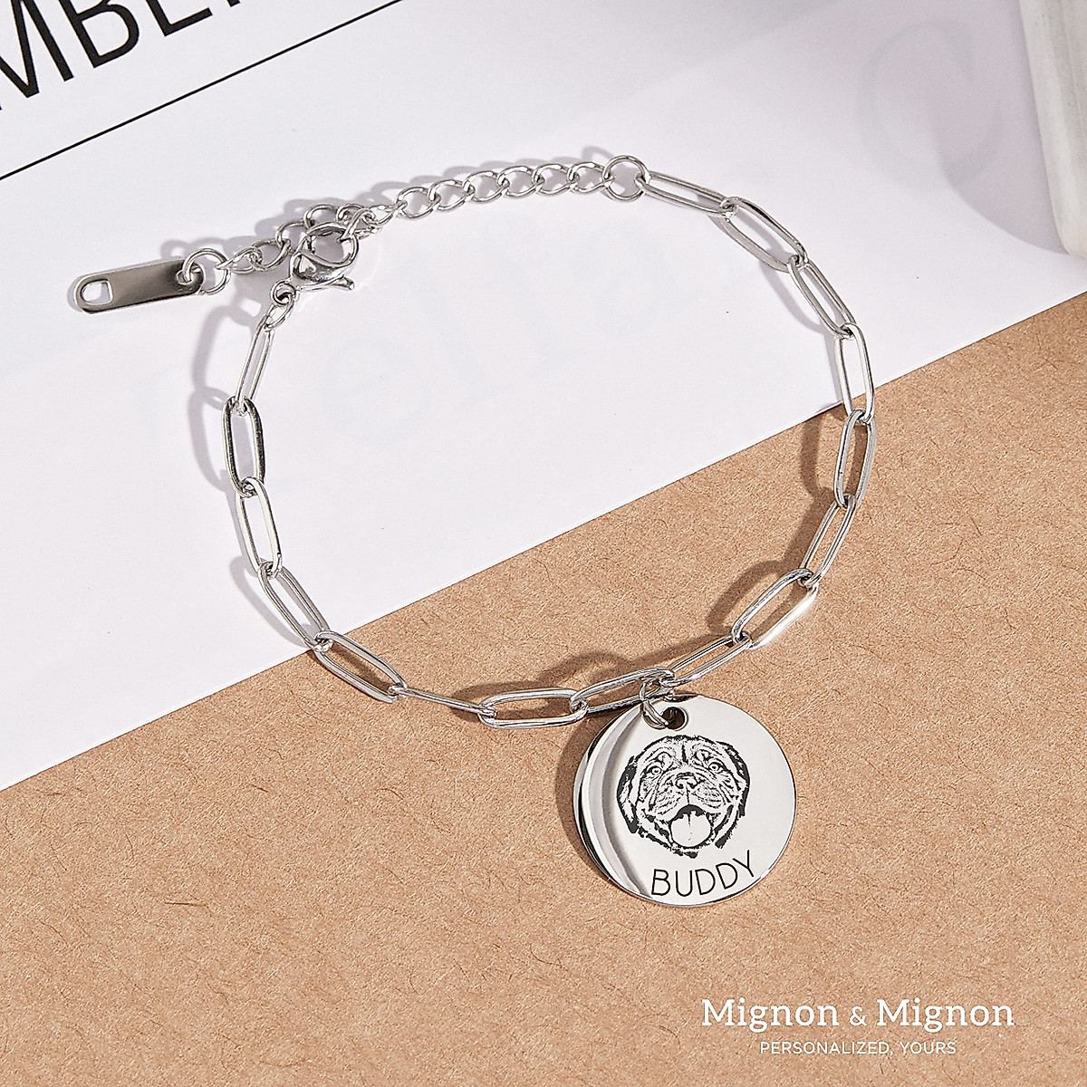 MignonandMignon Personalized Pet Portrait Engraved Bracelet Dog Memorial Jewelry Paperclip Chain Custom Birthday Idea for Animal LoverMultiple Disc Charm Mother's Day Gift -P-LCBR-AP