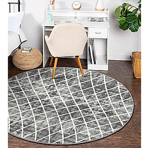 Trellis Washable Round Area Rug - Grey 4ft Round Rug Non-Slip Distressed Design Small Bedroom Circle Rug Non-Shedding Sofa Carpet for Bedroom Living Room Kitchen