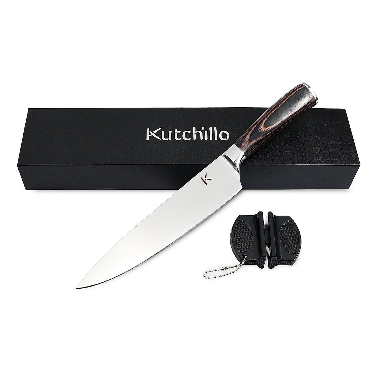 Kutchillo 8" High Carbon Stainless Steel Kitchen Chef Knife with Sharpener, Light-Weight and Well-Balanced, 2.5 mm blade thickness, Ergonomics