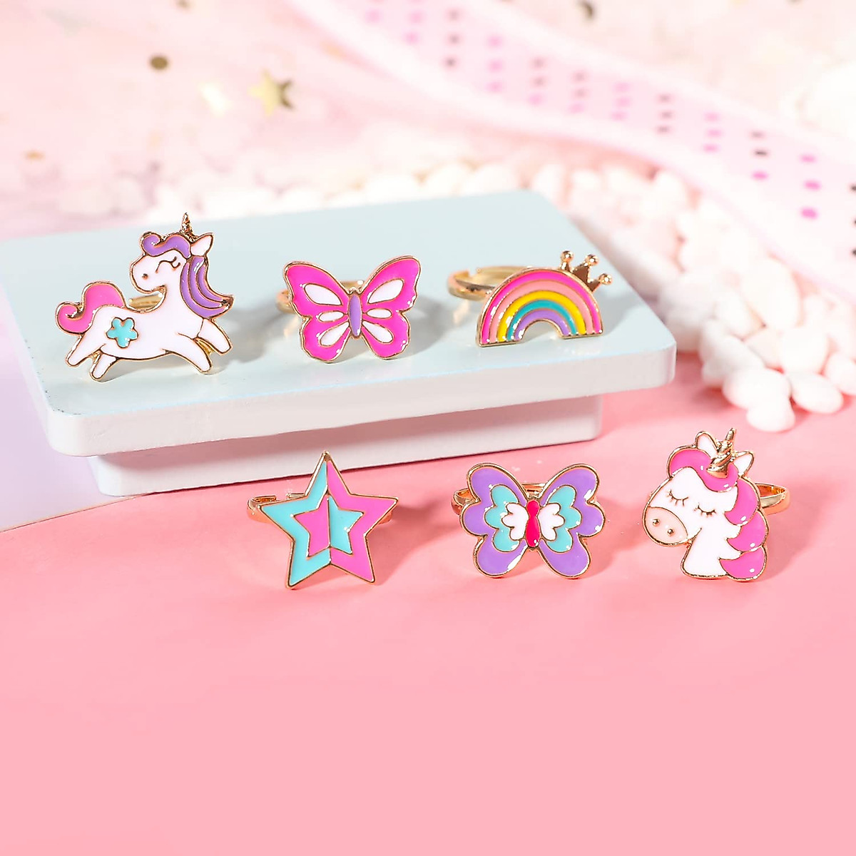 PinkSheep Rings for Kids Jewelry for Girls Unicorn Ring Rainbow Ring Butterfly Ring 12 PC Gift for 4/5/6/7/9/10 Years Old Flower Packaging