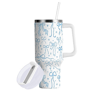 Bseiialft 40 oz Tumbler with Handle Blue Bows Heart Star Water Bottle with Lid and Straw Vacuum Insulated Cup Stainless Steel Travel Coffee Mug for Home Office Car