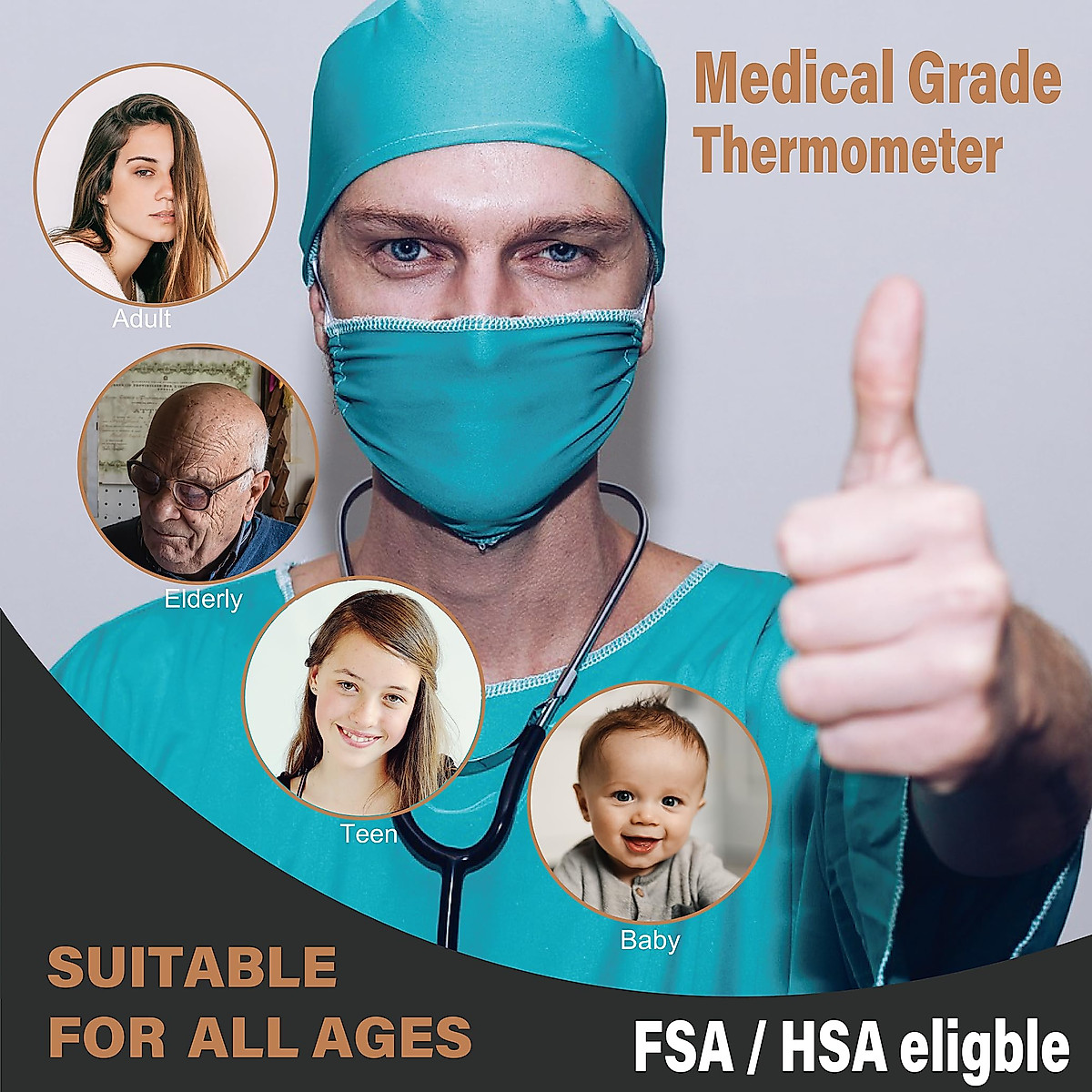 Amplim Baby Thermometer | 3-in-1 Infrared Thermometer for Ear, Forehead & Touchless, FSA/HSA Eligible Accurate Fever Thermometer for Baby, Infants, Toddlers, Kids & Adults | Black Base Stand & Clock