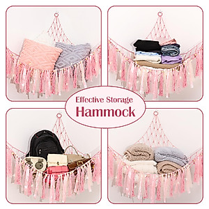 Lewondr Stuffed Animal Hammock, Dense Stuffed Animal Net or Hammock with Transitional Fringes, DIY Ribbons Great Decor Stuffed Animal Storage, 138'' Star Light String, 39'' x 39'' x 59, Pink