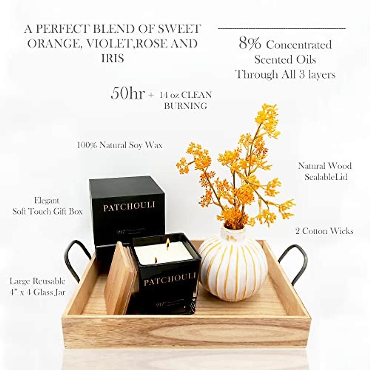 ME Mini-Escapes 14 Oz Patchouli Scented Soy Wax Candle with Inspirational Quote Fragrant Blend of Sweet Orange, Violet, Rose & Iris Relaxation & Stress Relief for Home or Office