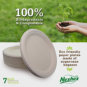 NexHex 7" Paper Plates [150-Pack] Brown Compostable Disposable Biodegradable Premium Natural Eco-Friendly Bagasse, Made of Sugar Cane Fibers Heavy-Duty Quality