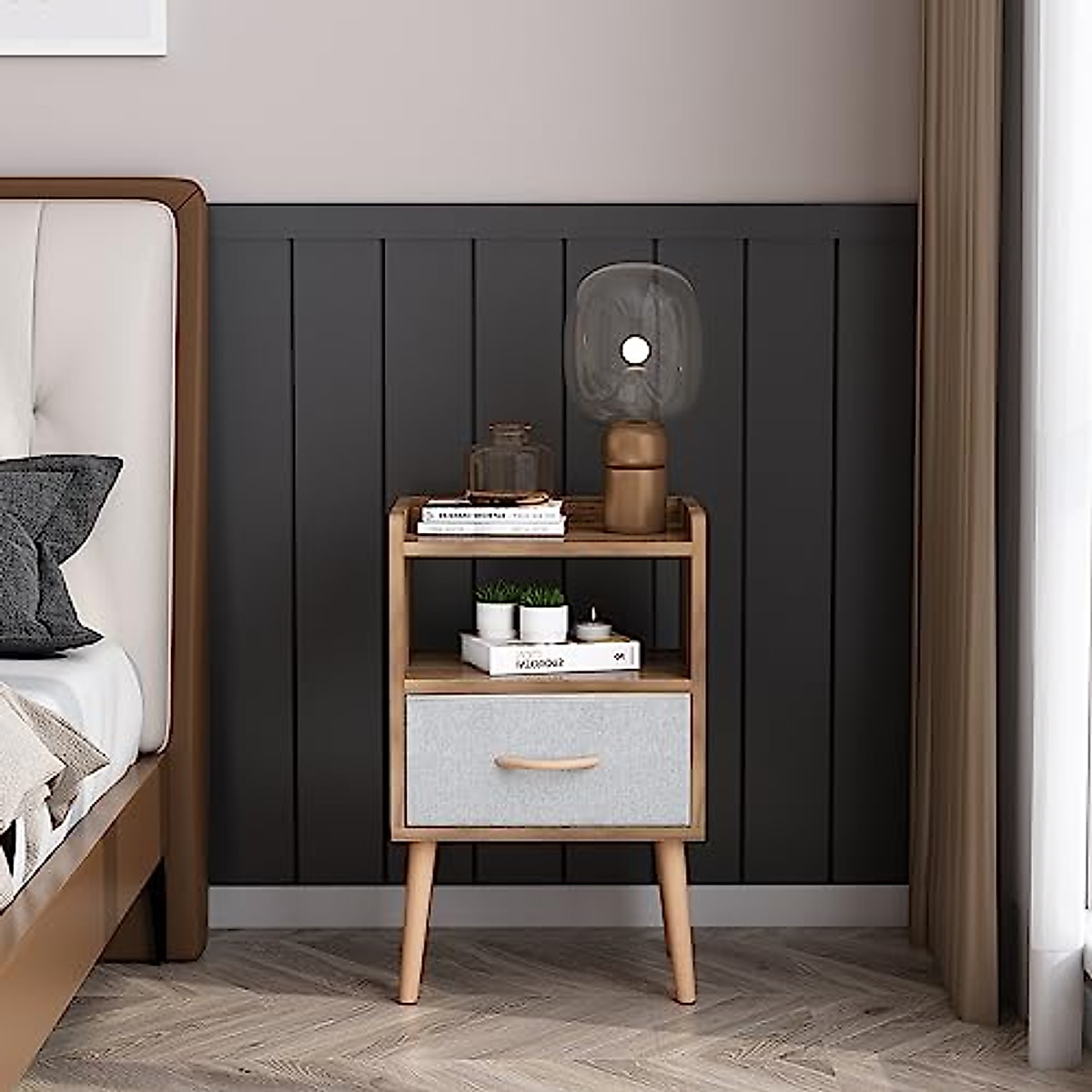 LUCKNOCK NightStand with Fabric Drawer, Bedside Table with Solid Wood Legs, Minimalist and Practical End Side Table with Open Storage Shelf for Bedroom,Walnut.