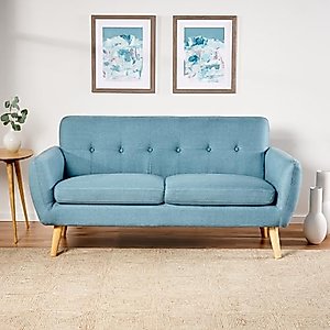 KEIKI 67" Loveseat Sofa Couch with Button-Tufted Waffle Stitch Mid-Century Modern Design for Bedroom, Blue