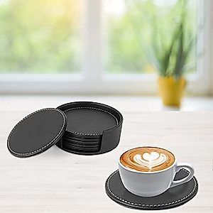 CARLWAY Set of 6 Leather Drink Coasters Round Cup Mat Pad for Home and Kitchen Use Black, 3.94"