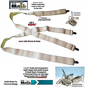 Holdup Traditional Style Tan 1 1/2" Under-Ups Suspenders for Men with USA Patented Metal "No-Slip" clips