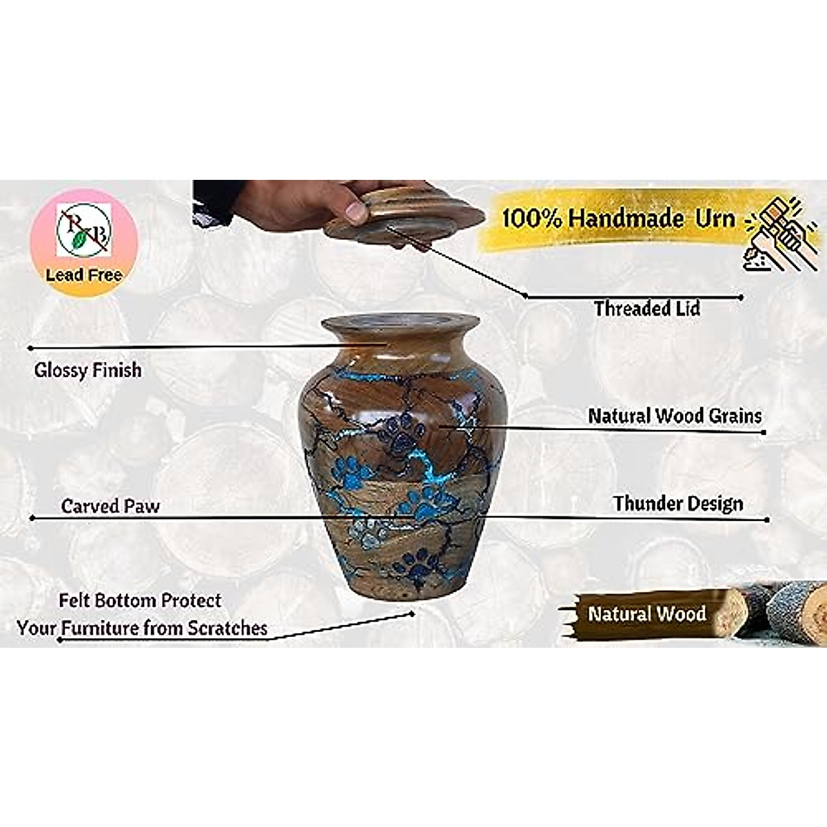 Medium Size Lightning Strike Wooden Pet Urns for Dogs Ashes, Turn Wood pet Cremation urns with Threaded Lid | Carved Paw Cat/Dog Urn for Pet Ashes Dog (Lightening Work, Medium 65 cu inches)