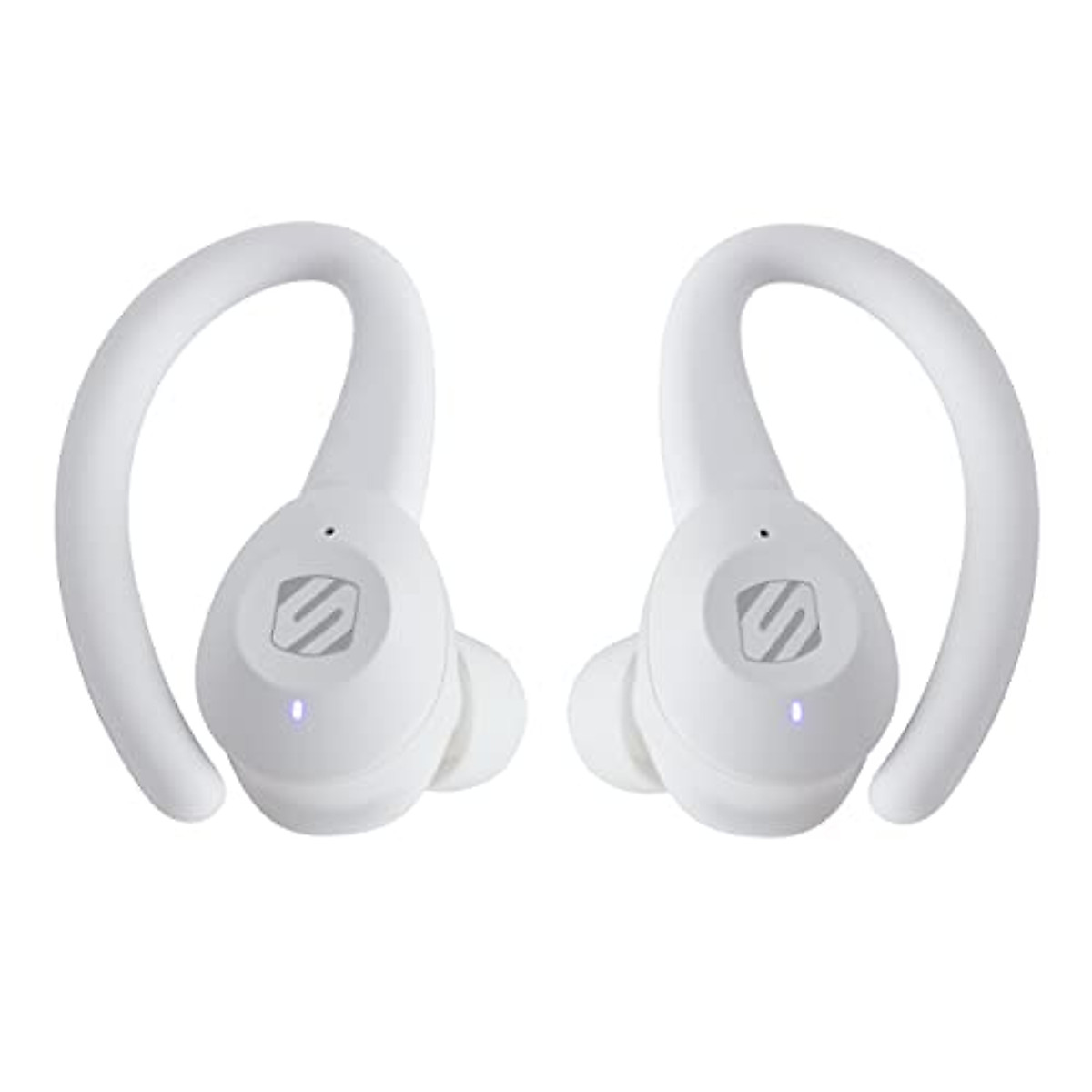 Scosche BTTWS2WT-SP2 ThudBuds Rechargeable Bluetooth 5.0 True Wireless White Earbuds, Magnetic Sport Clips, Wireless Charging Case, USB-C Cable, White