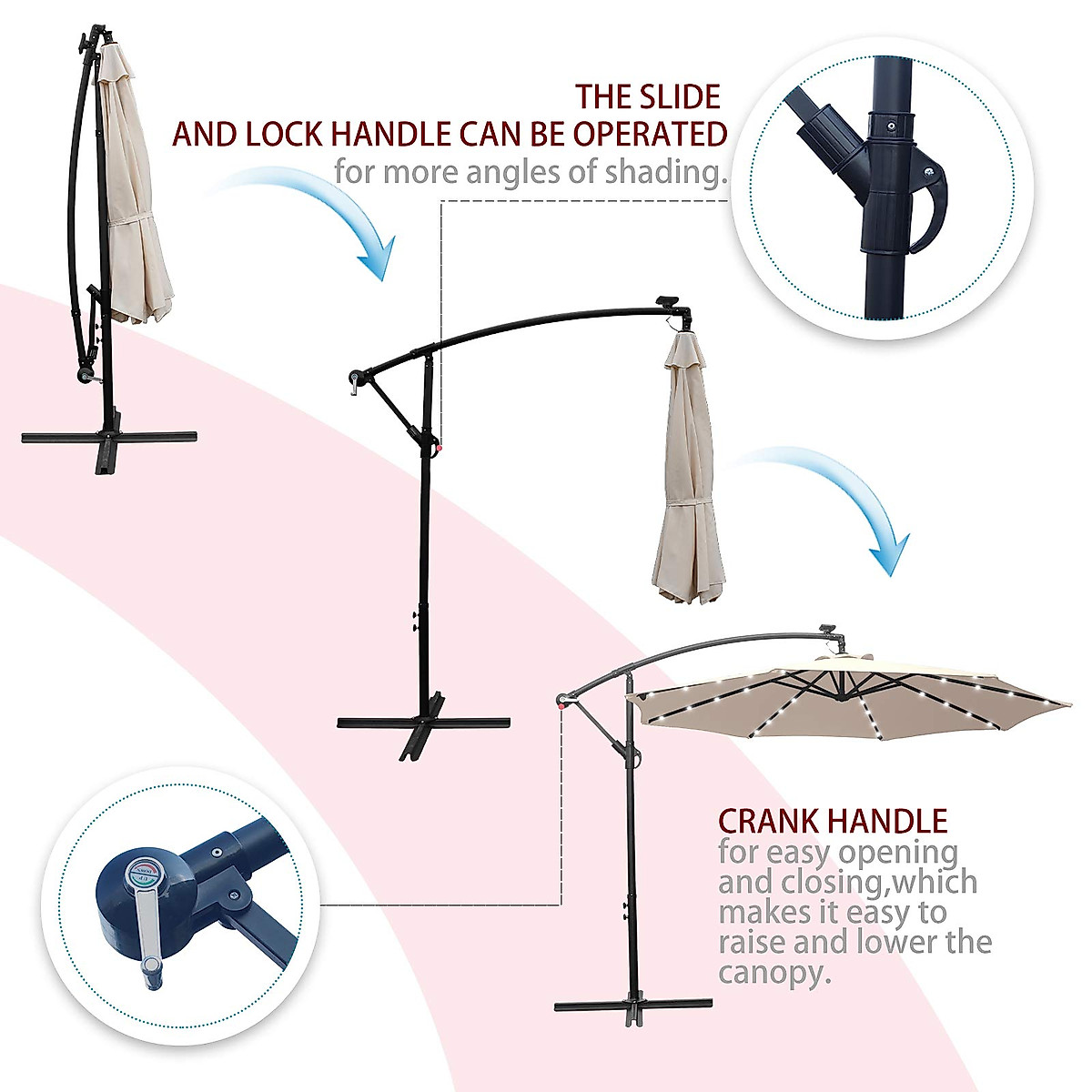 HENG FENG 10FT Solar Powered 32LED Lighted Patio Offset Umbrella Cantilever Umbrella Hanging Outdoor Market Umbrella with Crank and Cross Base, Beige