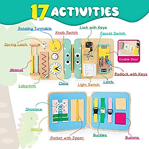 HELLOWOOD 17 for 1 Wooden Busy Board for Kids, Montessori Toys for 2 3 4 Years Old, Eduacational Activity Sensory Board, Multifunctinal Learning Toys for Toddlers Age 2-4, Fine Motor Skill