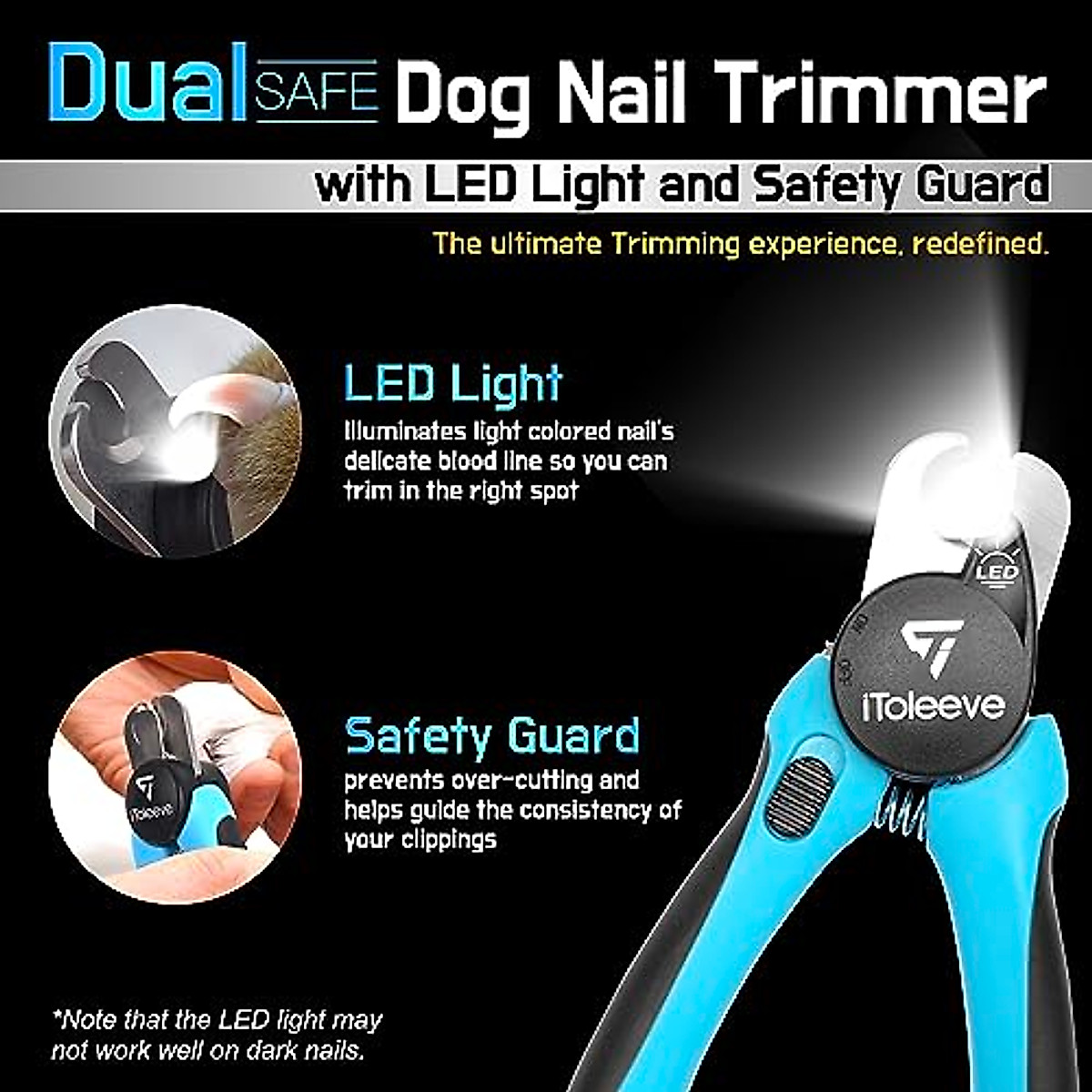 iToleeve LED Dog Nail Clipper with Light, Illuminates Cat & Dog Nails or Bloodline, Extra Sharp for Hard Claws, Dog Nail Trimmers with Quick Sensor and Safety Guard, Avoid Over-Cutting Toenail
