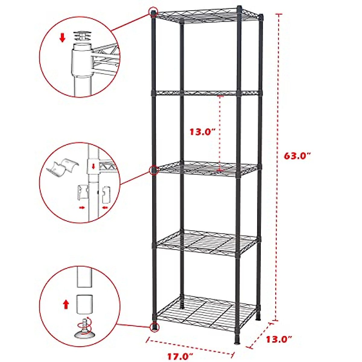ZHAZHADI 5 Tier Adjustable Storage Shelf Metal Storage Rack Wire Shelving Unit Storage Shelves Metal 660Lbs Capacity 17" L x 13" W x 63" H for Pantry Closet Kitchen Laundry Black