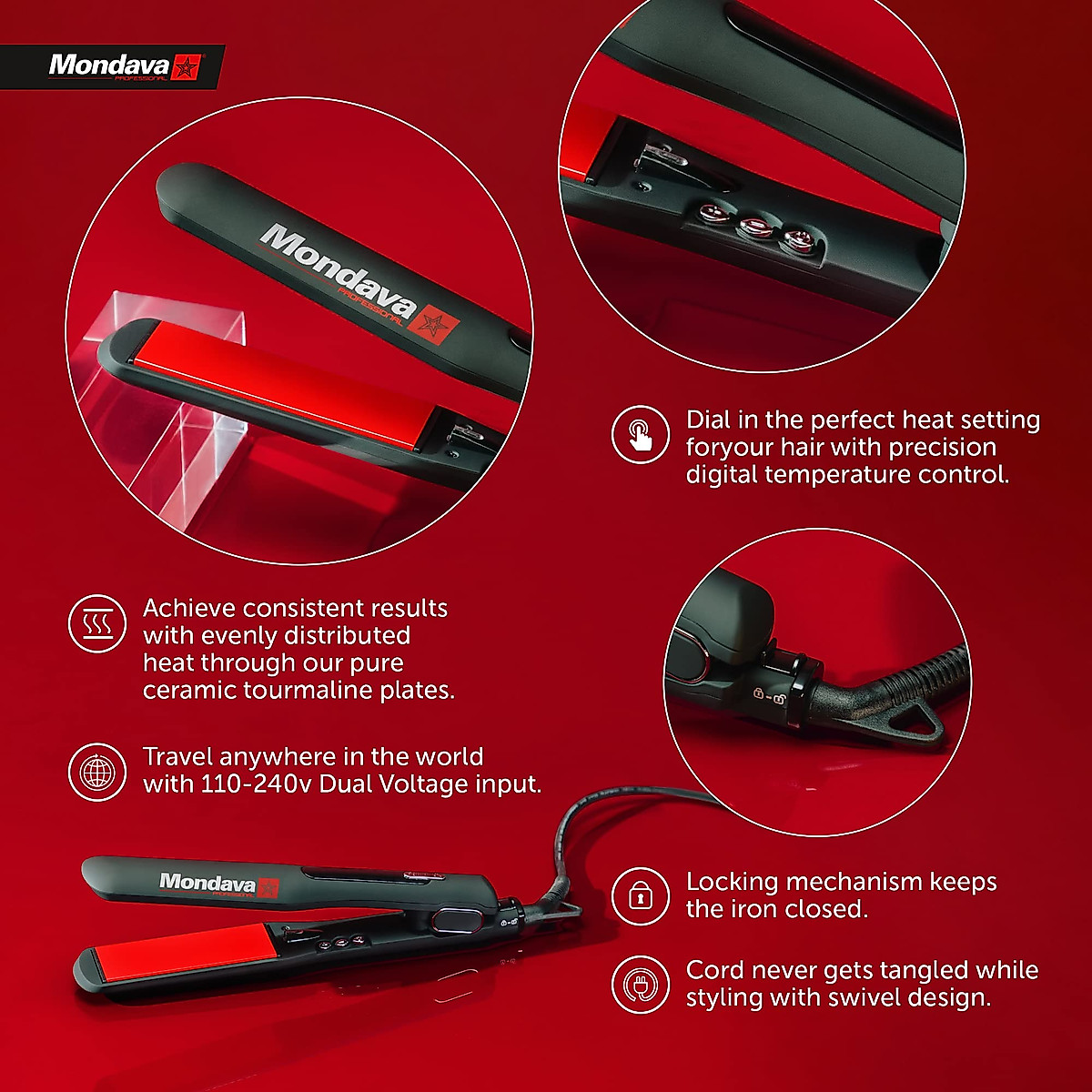 MONDAVA Professional | Ceramic Tourmaline Flat Iron Hair Straightener 1¼" | (Dual Voltage) | (Adjustable Temperature Digital Technology) | Straighten & Style Wild Hair in Under (8 Min)