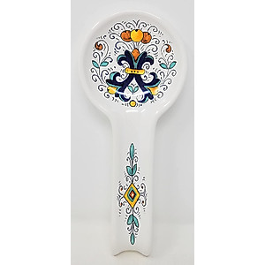 Nova Deruta Spoon Rest, Blue and Yellow Fleur De Lis with Fruit, Made in Italy, Italian Exclusively Handcrafted Earthenware for Sur La Table, Deruta Region Artwork, 11.5" x 5"