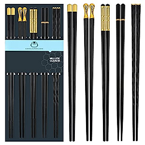 Chopsticks Reusable Dishwasher Safe, 9.6 inch/24.3cm Matte Non-Slip Japanese Chinese Chop Sticks, Fiberglass, Black&Gold-5 Pairs
