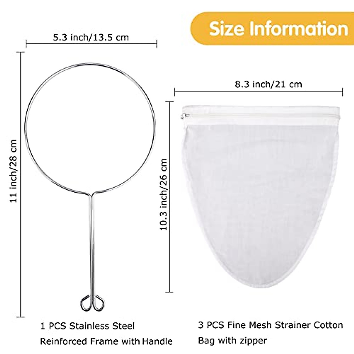 WMKGG Ultra Fine Mesh Strainer Bags, Reusable Mesh Filter Bags with Stainless Steel Handle Frame for Filter NutMilk, Coffee, Milk, Butter, Juices and Fresh Cheese (Small Size)